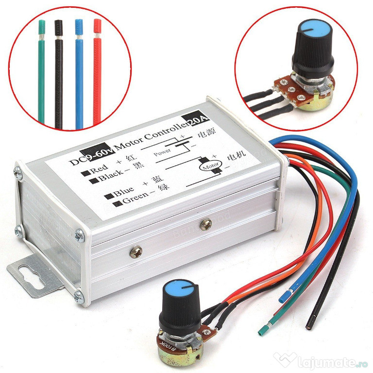 Regulator de turatie motor cc PWM 20A 9-60V -Schimbare sens.