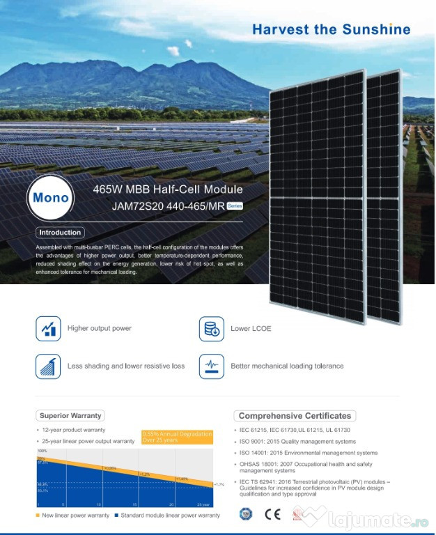 Panou Fotovoltaic JA SOLAR 455W MBB Half-Cell Monocristalin